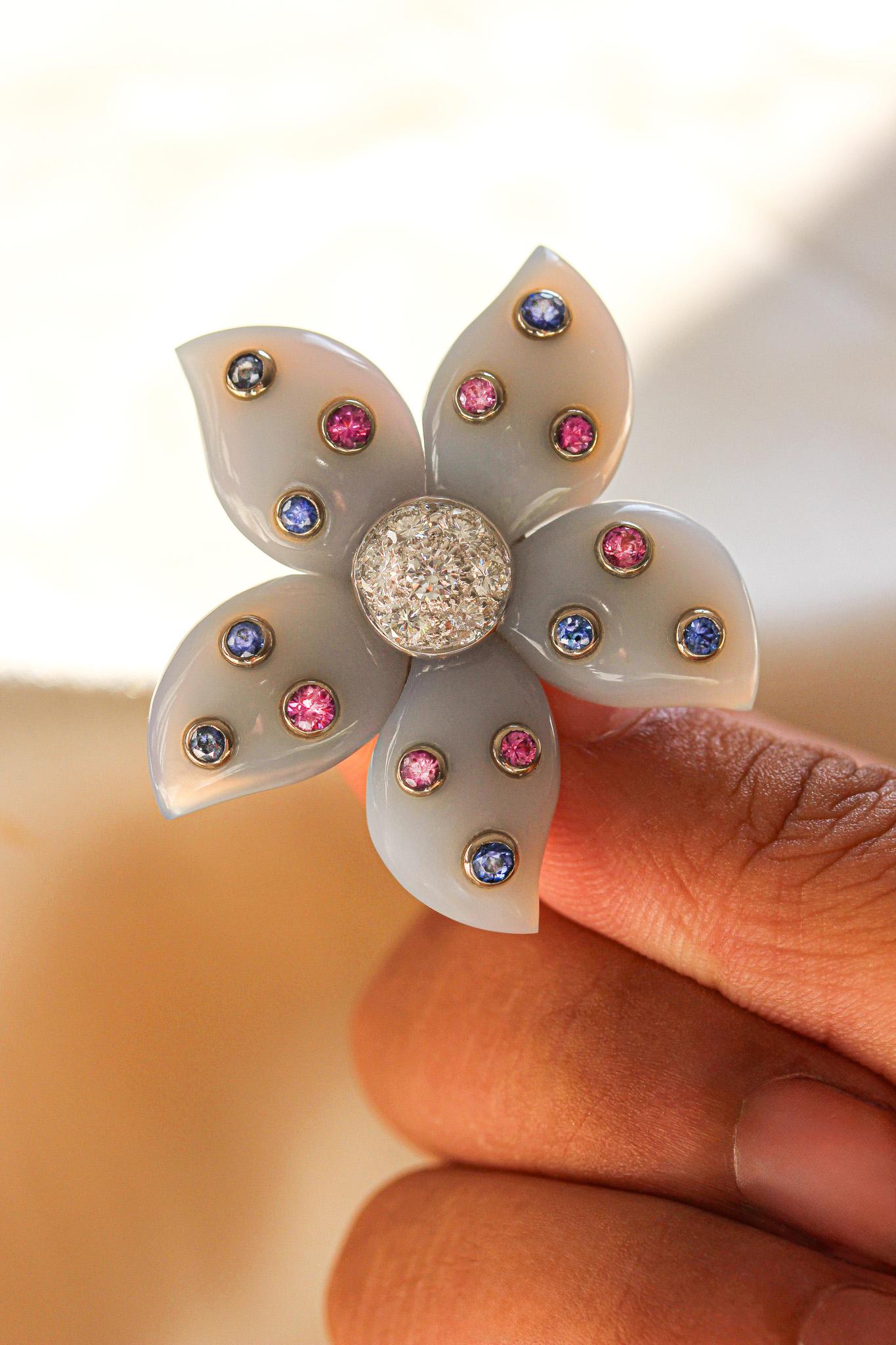 Mathon Paris Diamonds, Sapphires, Chalcedony and White gold Brooch For ...