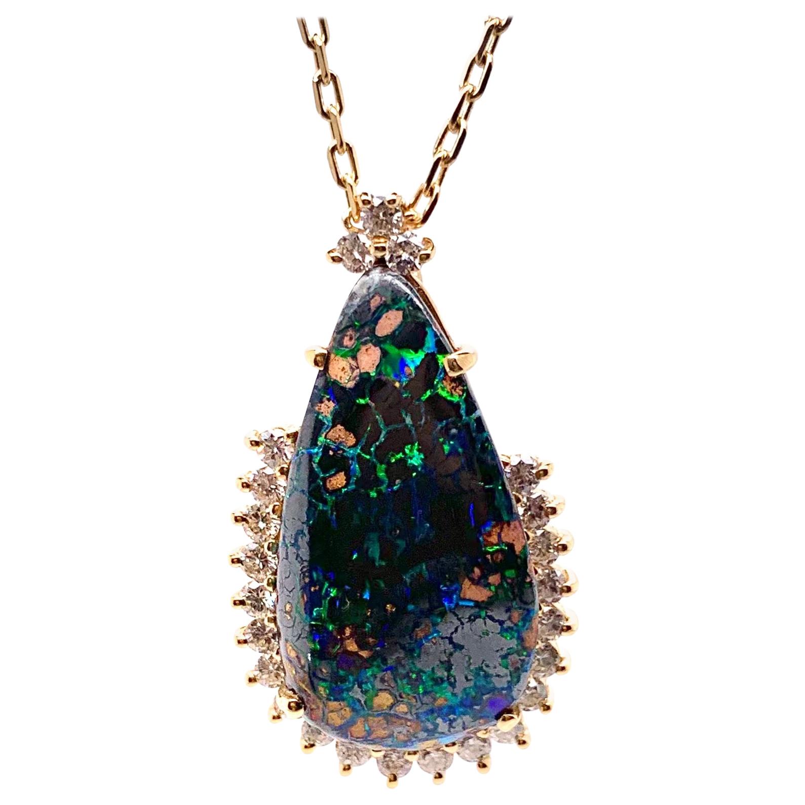 Matrix Opal and Diamond Pendant Necklace For Sale at 1stDibs