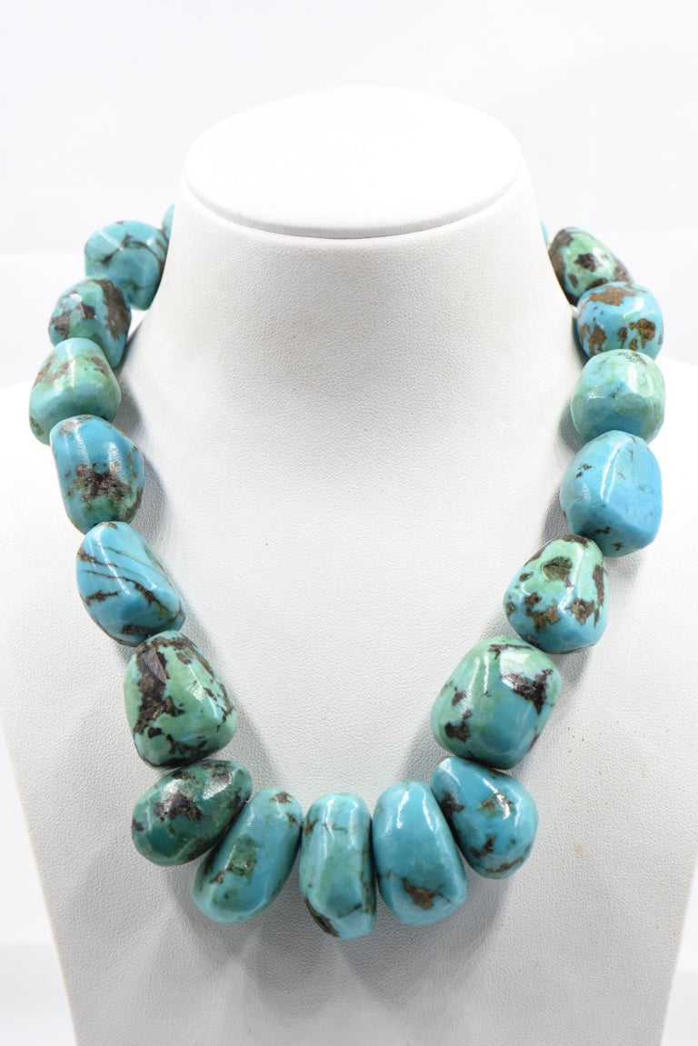 Matrix Turquoise Bead Necklace with Melted Yellow Gold Nest Clasp at ...