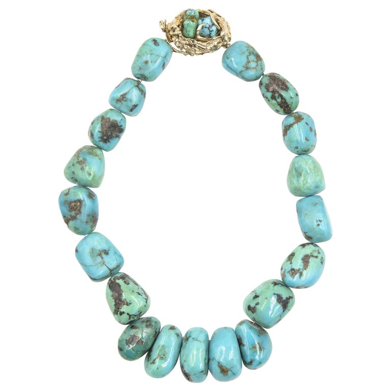 Matrix Turquoise Bead Necklace with Melted Yellow Gold Nest Clasp at ...