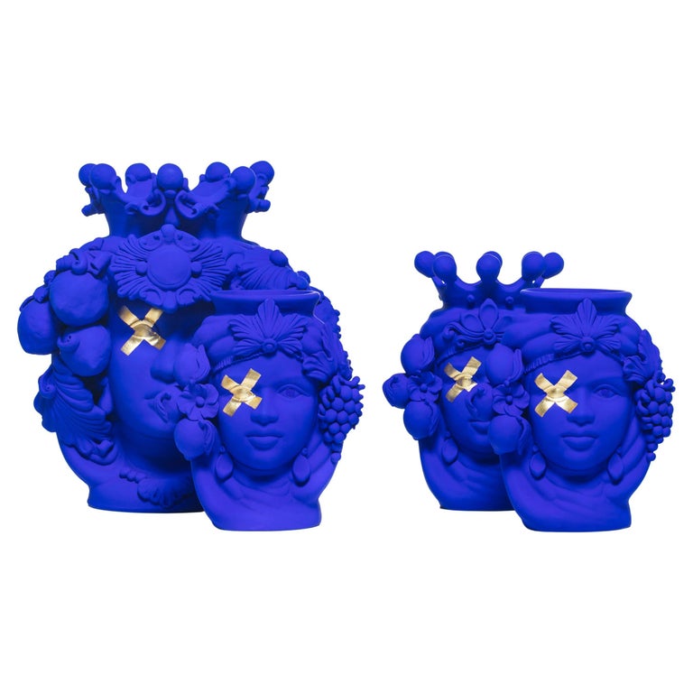 Matt Vases, Collection of 4, Handmade in Sicily, Gold Leaf, Reflex Blue ...