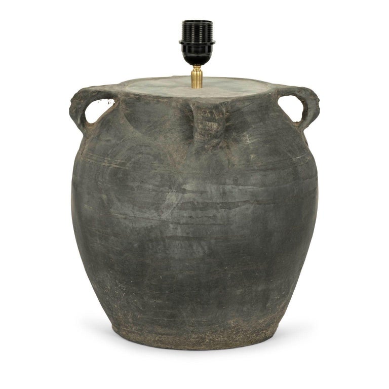 Matte Black Pottery Lamp with White Linen Shade at 1stDibs