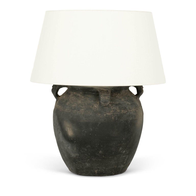 Matte Black Pottery Lamp with White Linen Shade at 1stDibs