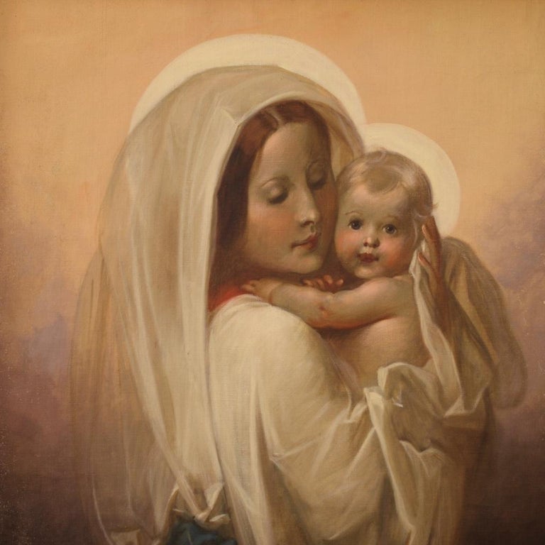 Mattia Traverso 20th Century Oil on Canvas Italian Painting Virgin with ...