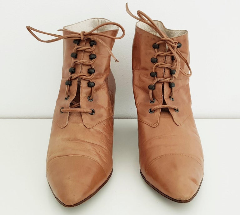 Maud Frizon Leather Ankle Heeled Boots With Wooden Sole - Size 39 1/2 ...