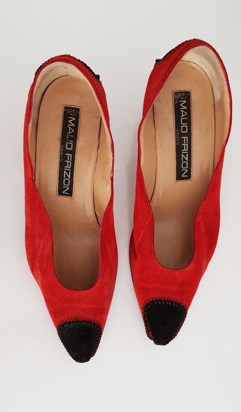 Maud Frizon Red Velvet Black Pointed Heels - Size 39 1/2 (EU) For Sale ...