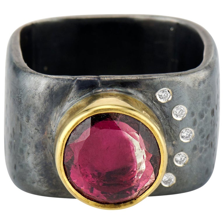 Mauve Rose Cut Tourmaline, Diamonds, Oxidized Silver, Gold Cocktail ...