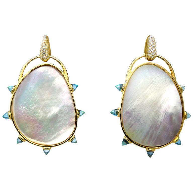 Maviada's Mother of Pearl, 18 Karat Gold Button, Blue Topaz, Large For ...