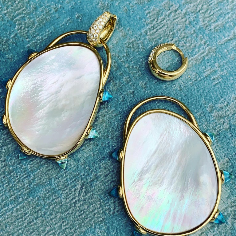 Maviada's Mother of Pearl, 18 Karat Gold Button, Blue Topaz, Large For ...