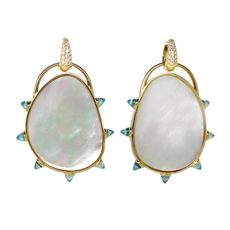 Maviada's Mother of Pearl, 18 Karat Gold Button, Blue Topaz, Large For ...