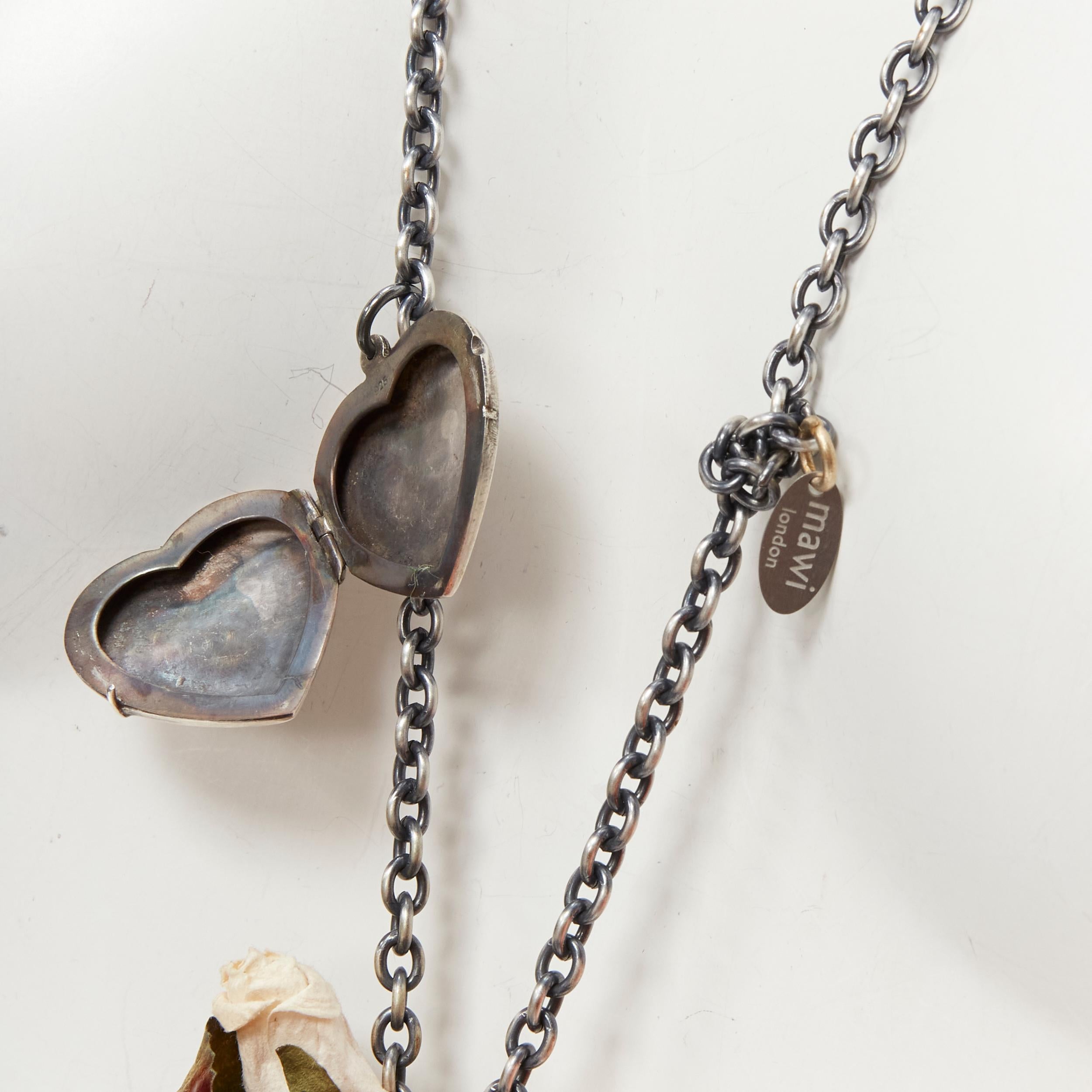 MAWI LONDON antique silver pin pearl rose charm knotted chain necklace ...