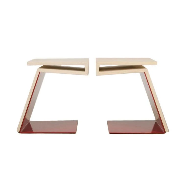 Max ID NY Pair of Geometric Cantilevered Teak Wood Red Metal Modern ...