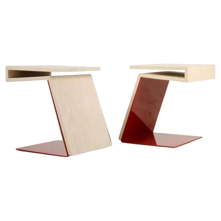 Max ID NY Pair of Geometric Cantilevered Teak Wood Red Metal Modern ...