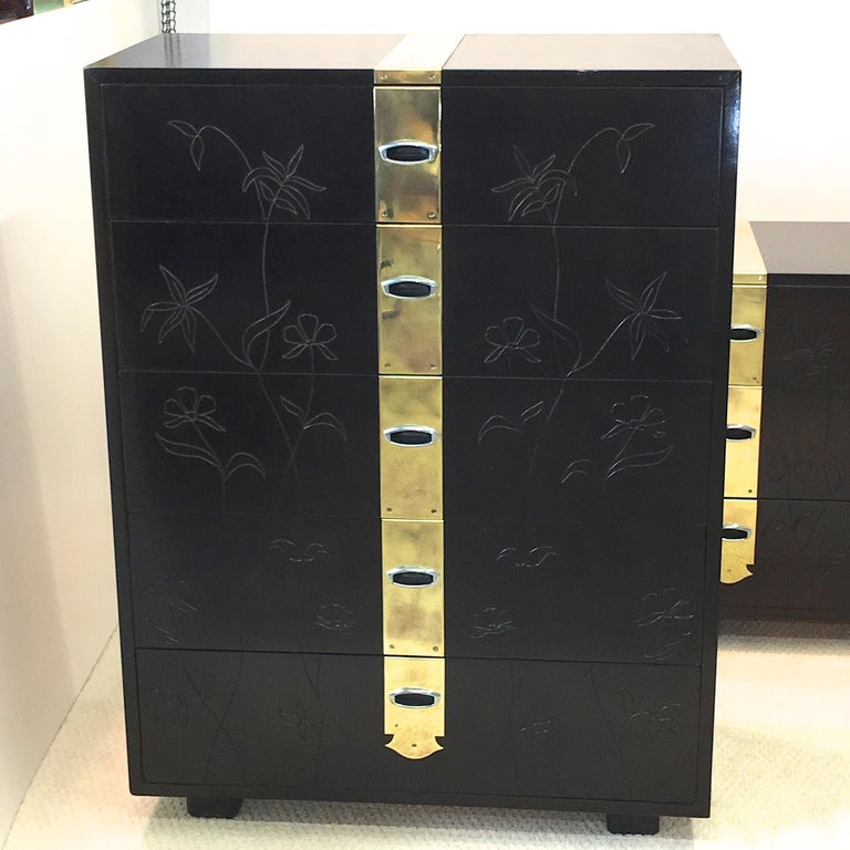 Max Kuehne Style Floral Incised Tall Chest of Drawers with Brass ...