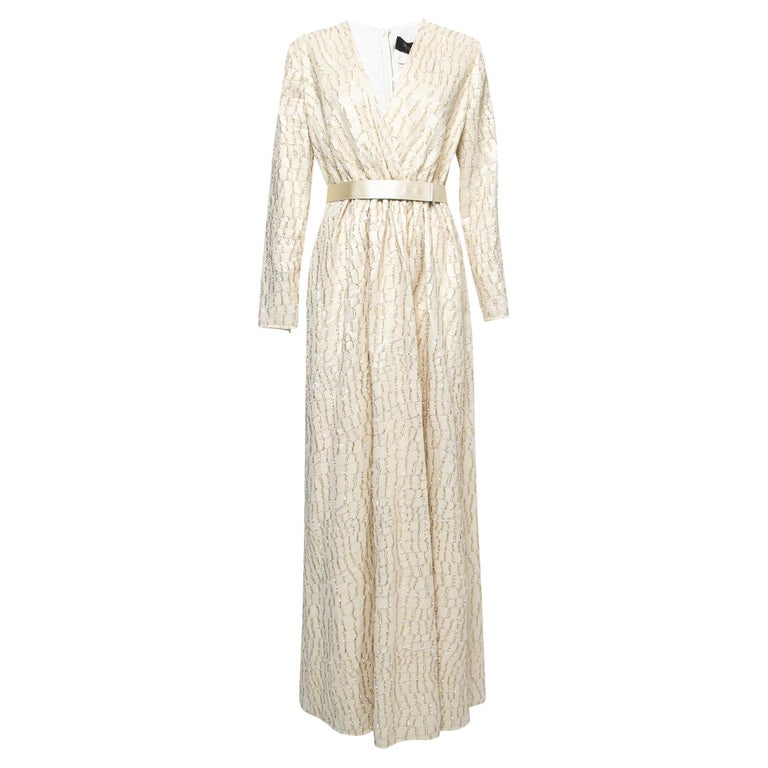 Max Mara Metallic Gold Silk Wrap Effect Belted Maxi Dress M For Sale at ...