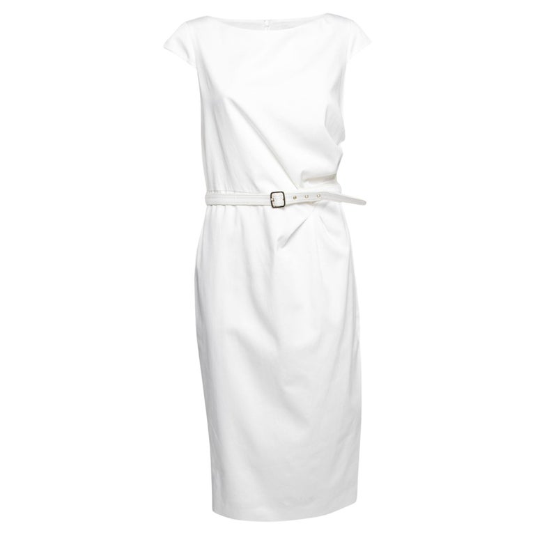 Max Mara White Cotton Cap Sleeve Belted Dress L at 1stDibs