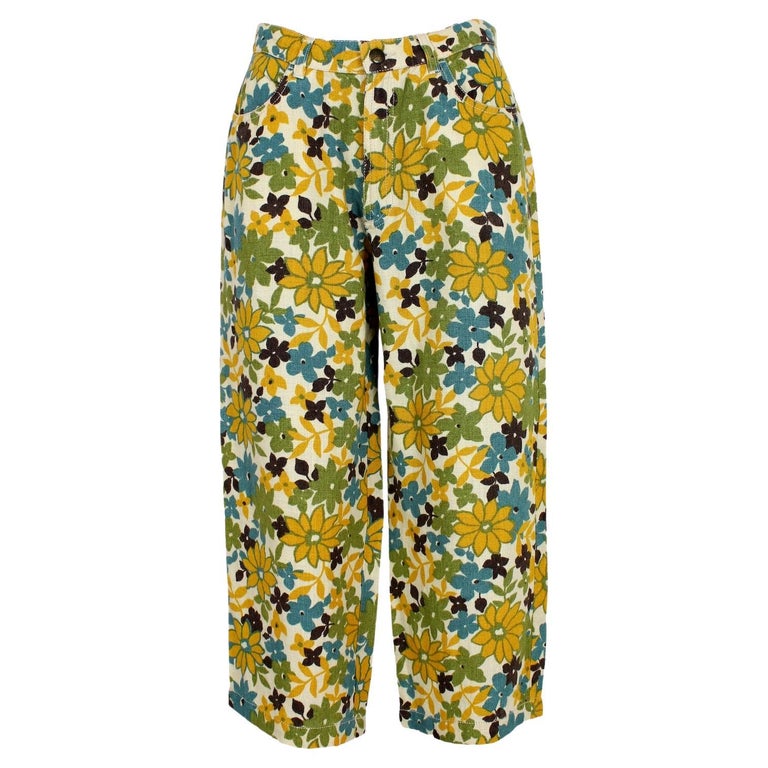 Max Mara Yellow Beige Linen Floral Casual Capri Trousers For Sale at ...