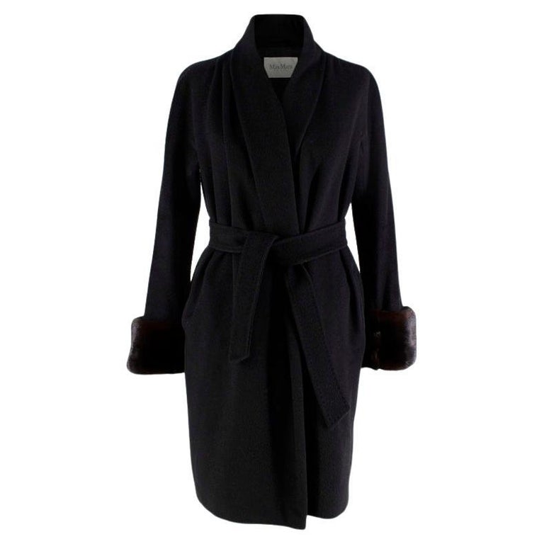 MaxMara Black Camel Hair Wrap Coat with Fur Cuffs For Sale at 1stDibs