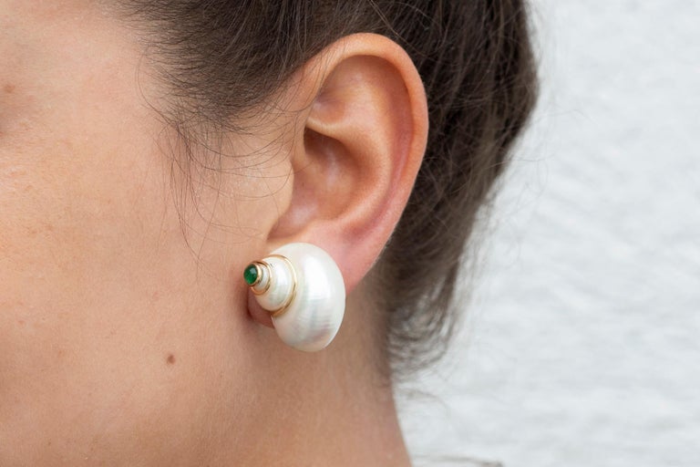 MAZ 14 Karat Yellow Gold Turbo Shell and Emerald Earrings at 1stDibs