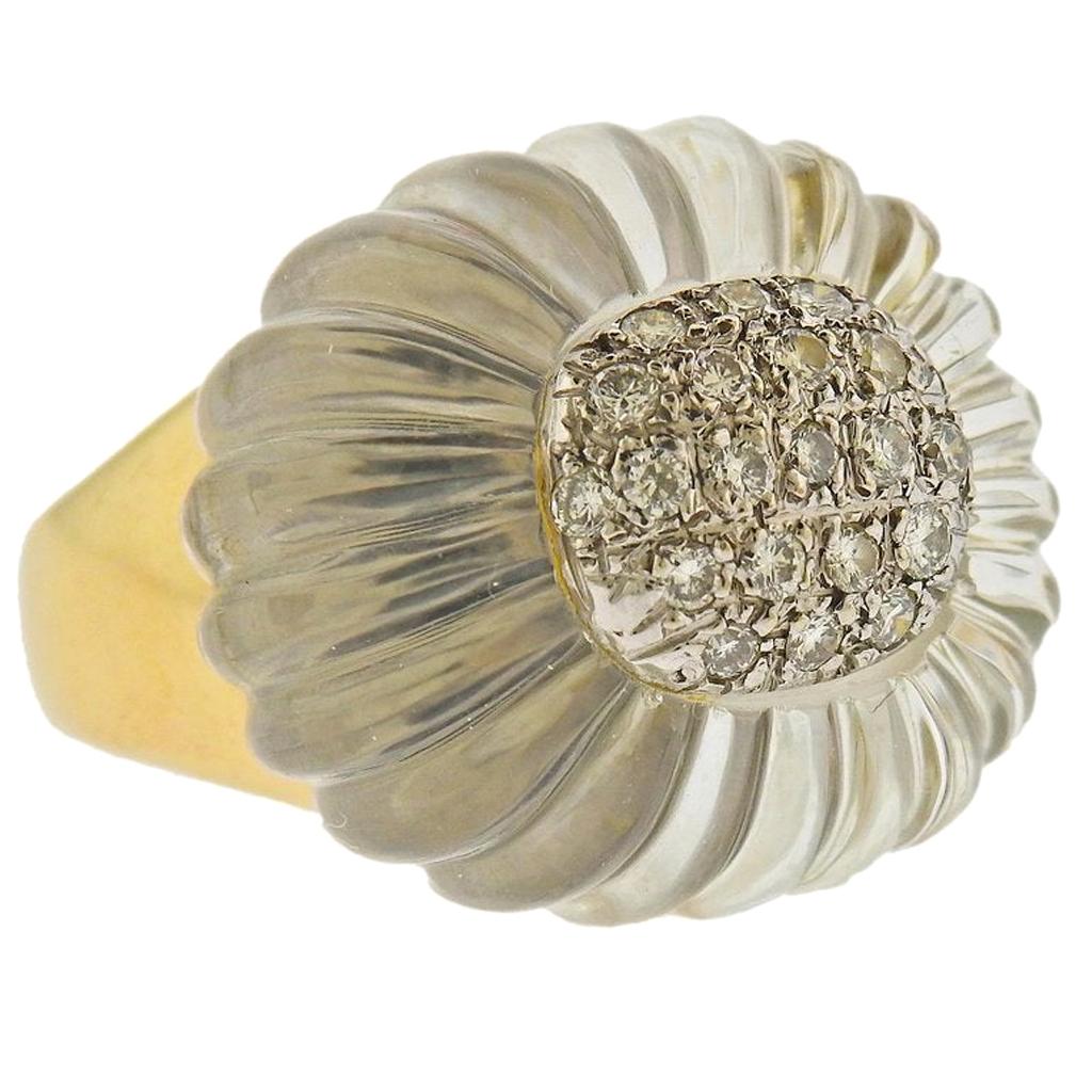 Chic Carved Crystal Diamond Gold Dome Ring For Sale at 1stDibs