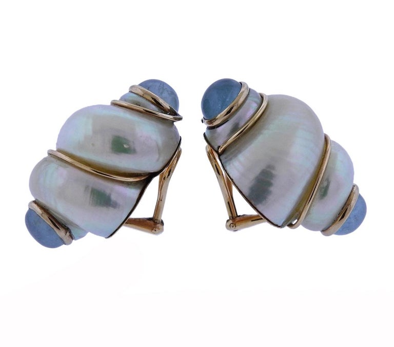 Maz Shell Aquamarine Gold Earrings at 1stDibs