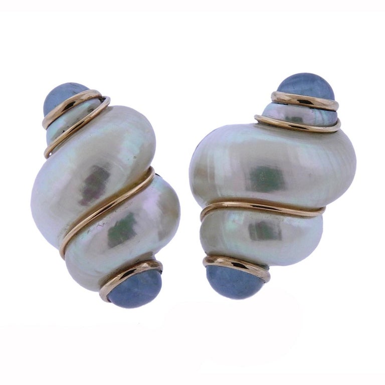 Maz Shell Aquamarine Gold Earrings at 1stDibs
