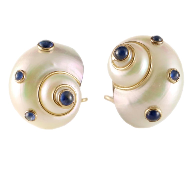 MAZ Shell Earrings 14 Karat Yellow Gold Sapphire Clip-On Earrings For ...