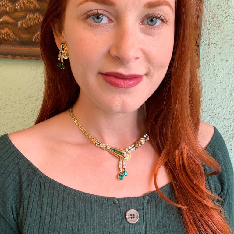 Mazer Bros. Gold and Rhodium Emerald Asymmetrical Necklace and Earrings ...