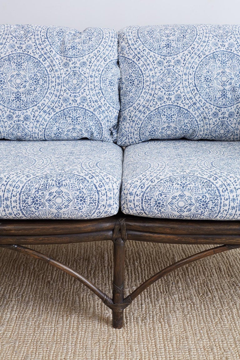 McGuire Blue and White Upholstered Bamboo Rattan Sofa at 1stDibs