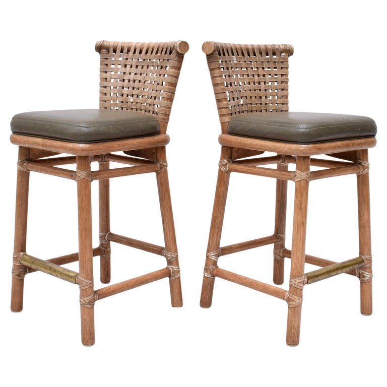 McGuire Laced Leather and Solid Oak Barstools, Pair For Sale at 1stDibs