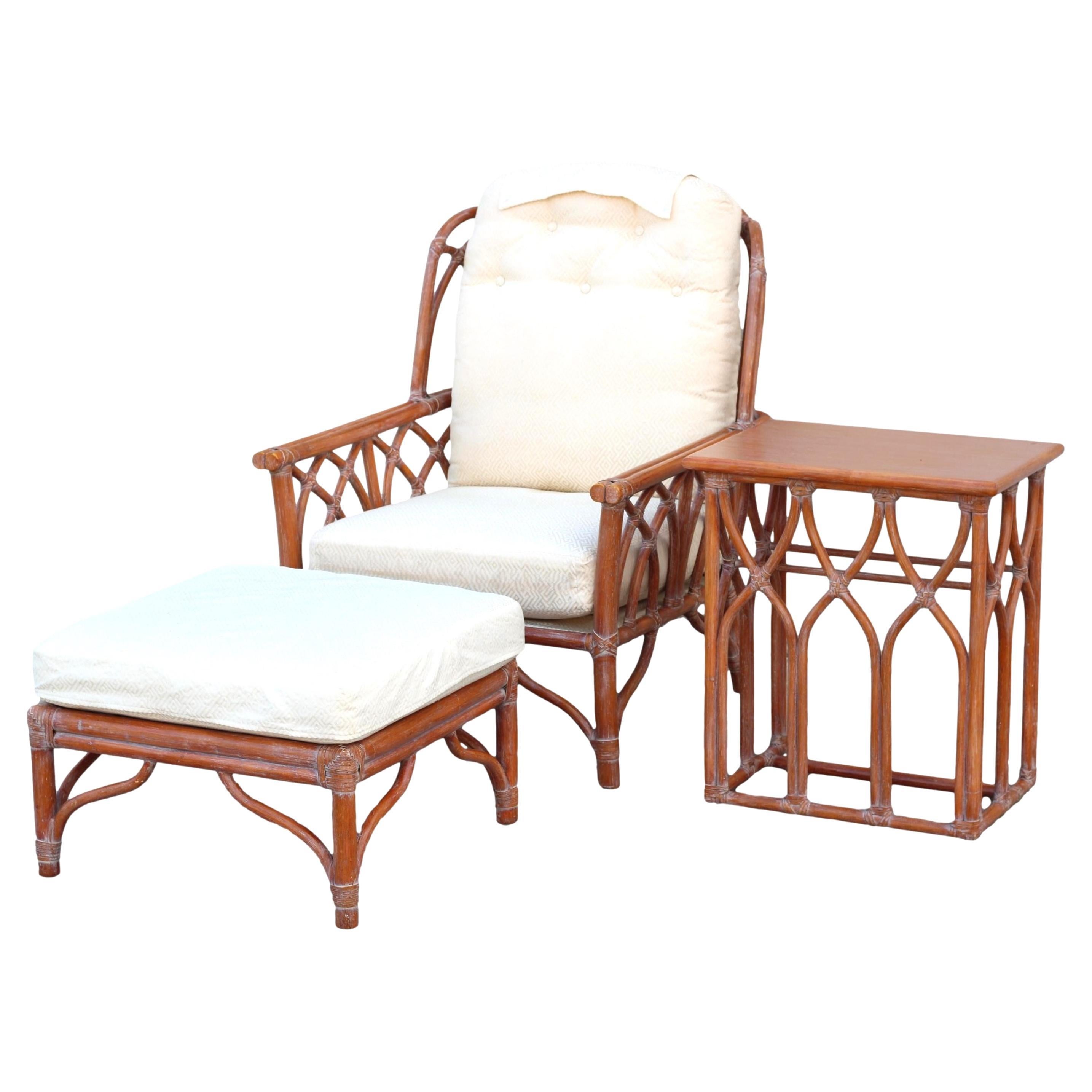 McGuire Organic Modern Rattan Wing Chair with Ottoman and Side Table ...