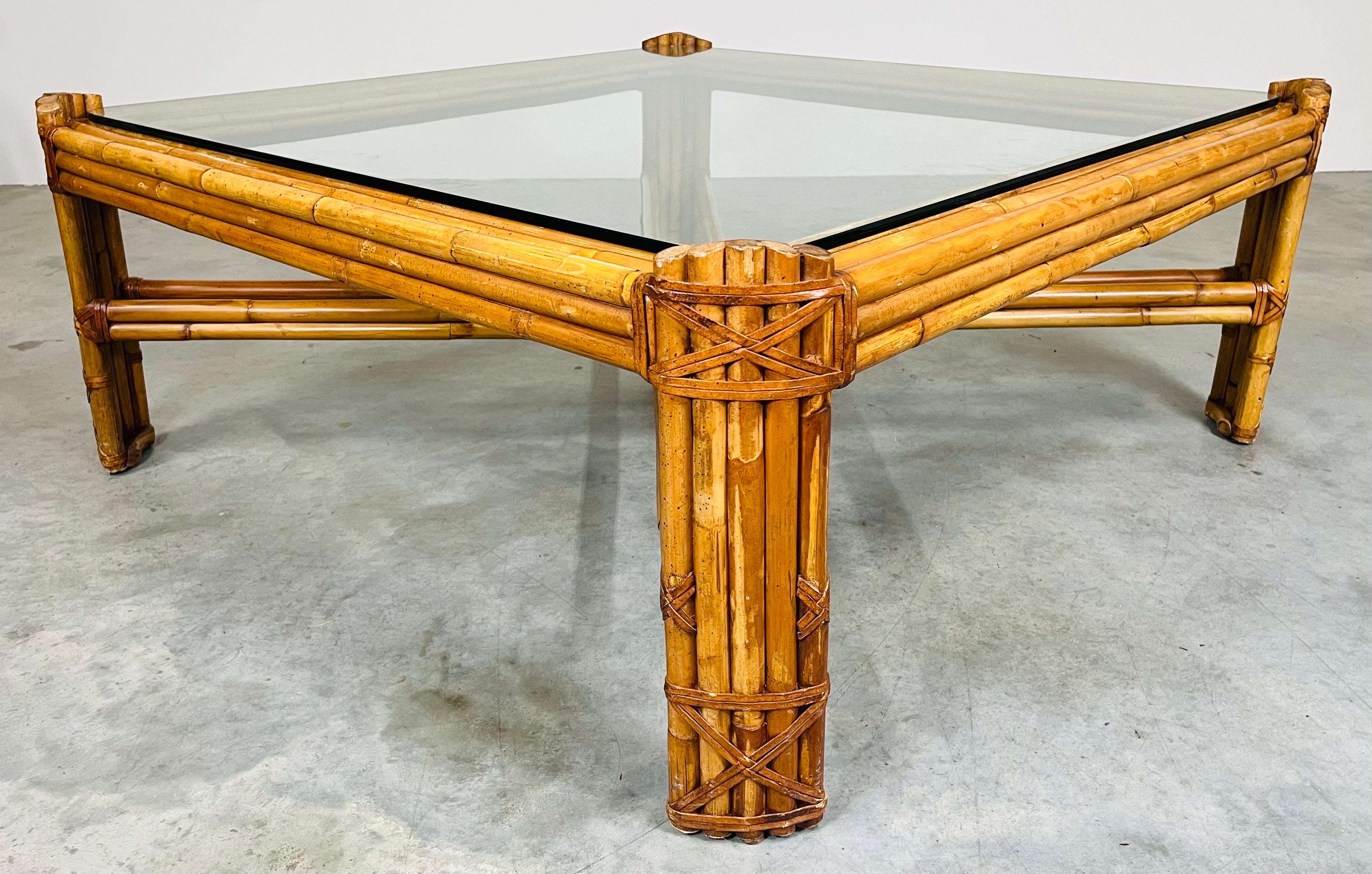 McGuire Style Bohemian Bamboo Square Cocktail Table With Leather ...