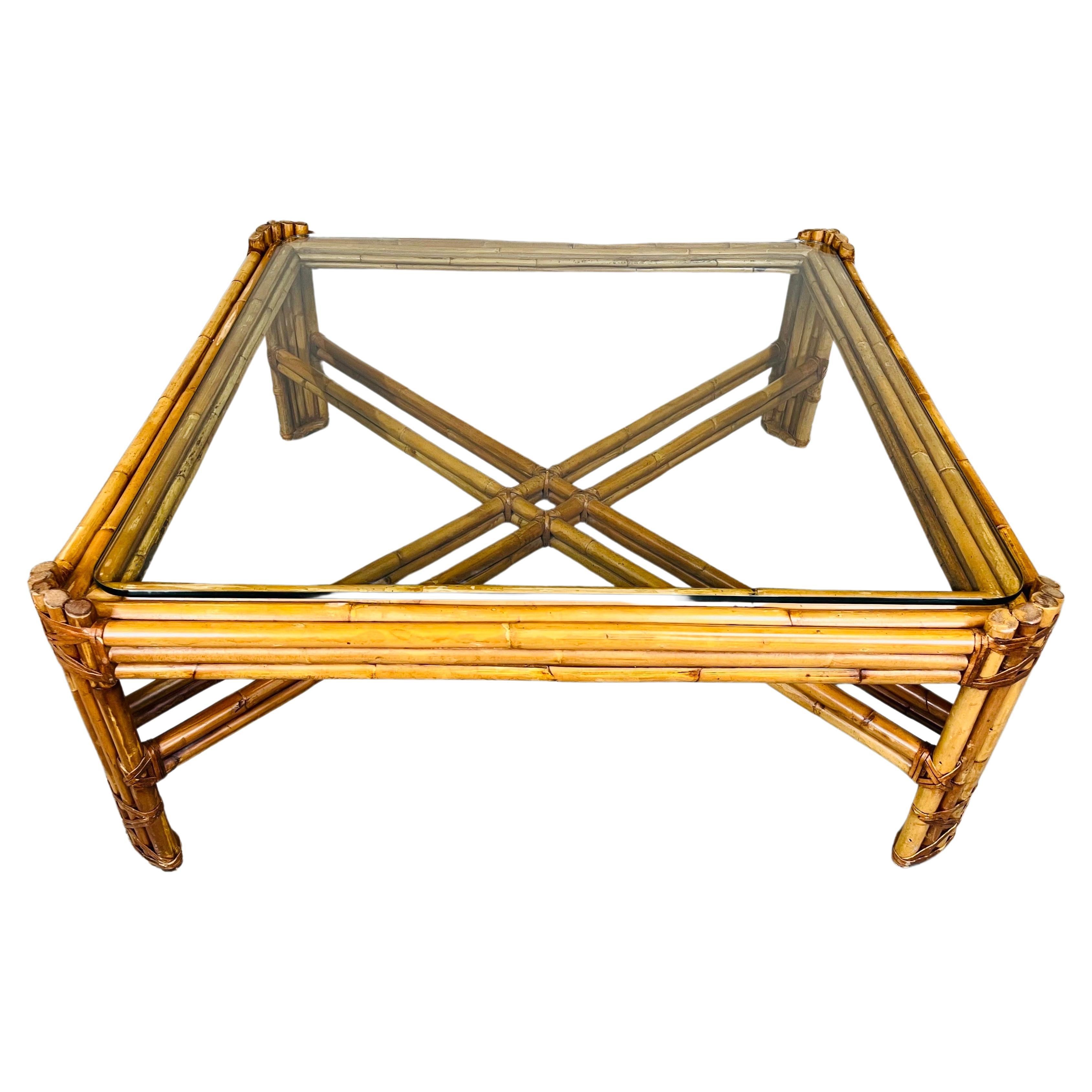 McGuire Style Bohemian Bamboo Square Cocktail Table With Leather ...