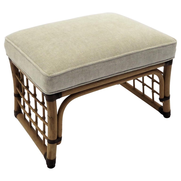 McGuire Style Chenille Upholstered Rattan Stool Ottoman at 1stDibs