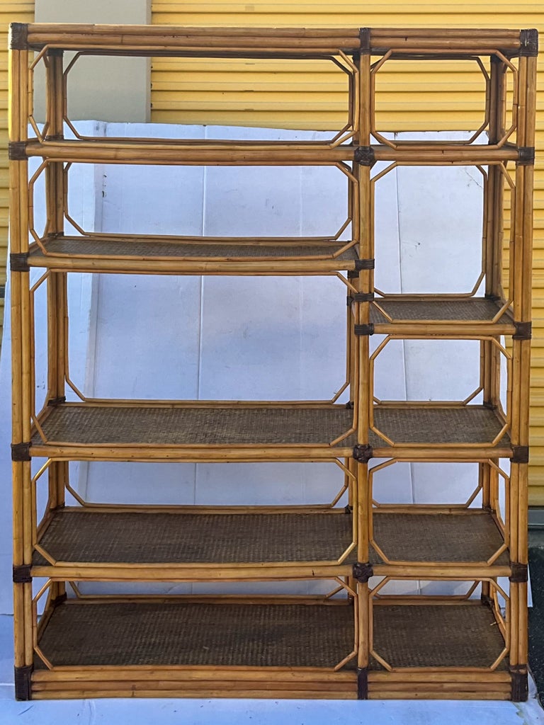 McGuire Style Modern Rattan / Bamboo Leather Wrapped Etagere / Shelf ...