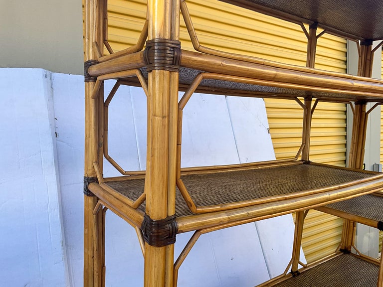 McGuire Style Modern Rattan / Bamboo Leather Wrapped Etagere / Shelf ...