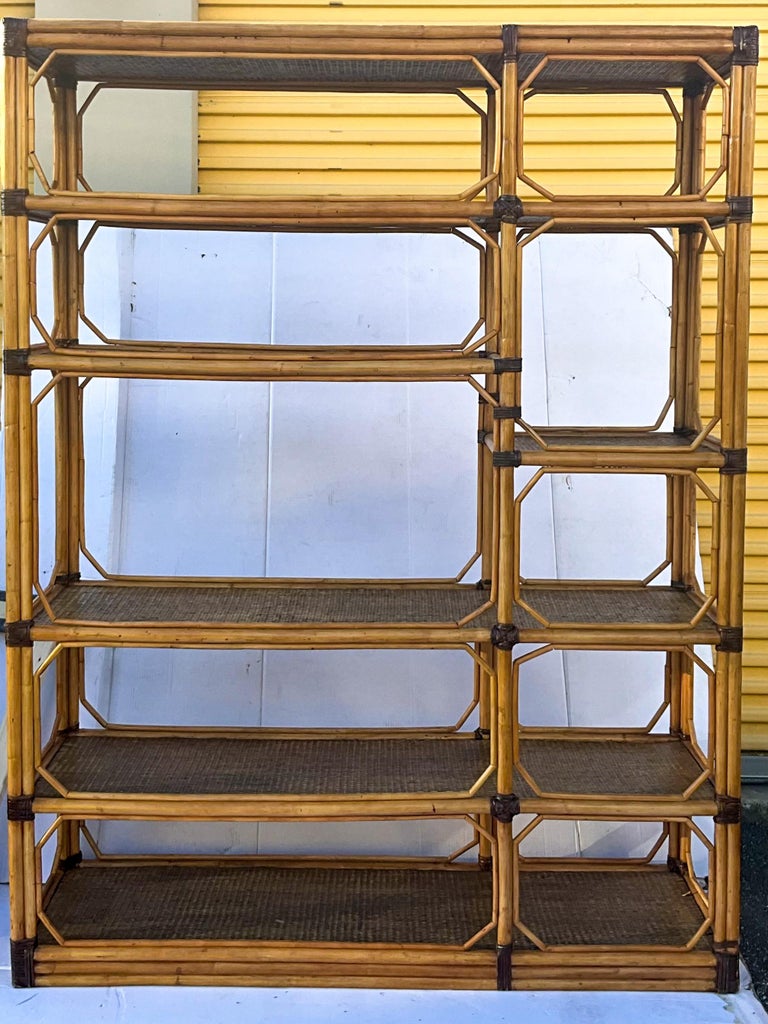 McGuire Style Modern Rattan / Bamboo Leather Wrapped Etagere / Shelf ...