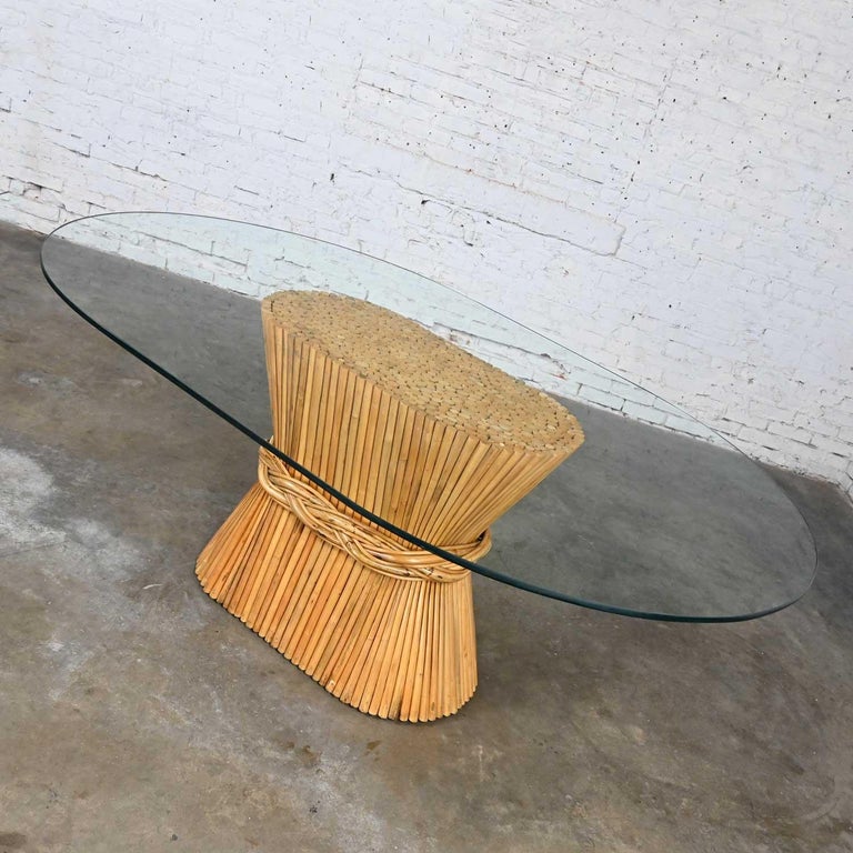McGuire Style Racetrack Oval Rattan Sheaf of Wheat Glass Top Dining ...