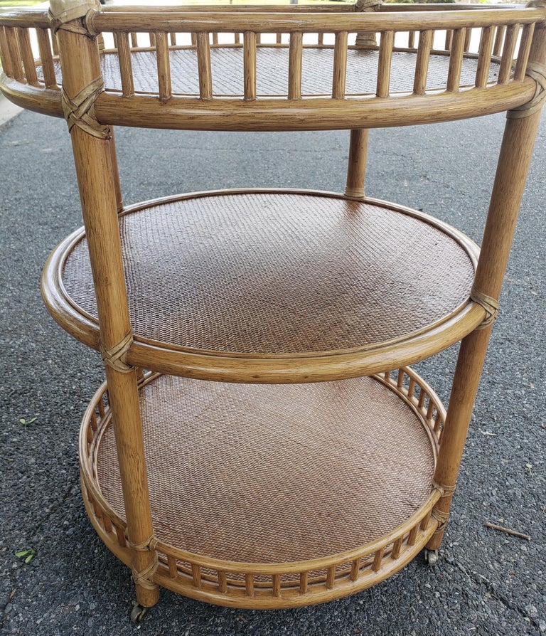 McGuire Three Tier Natural Rattan Bamboo and Leather Rolling Bar Cart ...