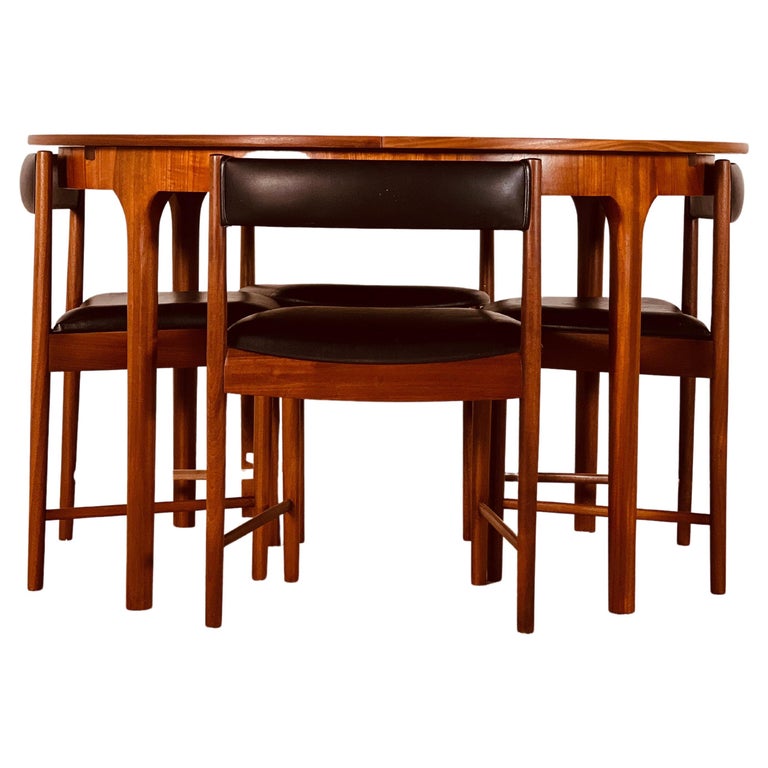 McIntosh Round Extending Teak Dining Table and Chairs in Black Vinyl at ...