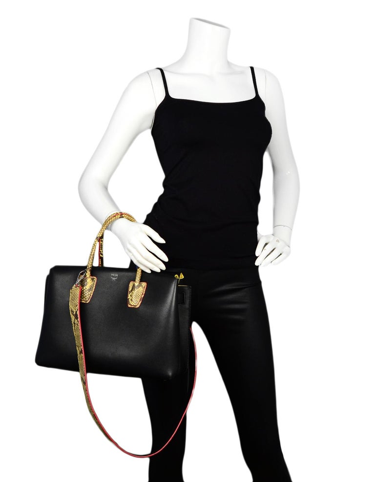 MCM 2017 Black Leather/Python Medium Milla Tote Bag W/ Yellow Exotic ...