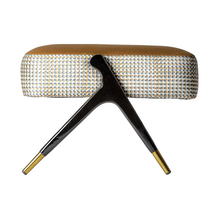 MCM and Vintage Style Black Lacquer Wooden and Velvet Ottoman or Stool ...