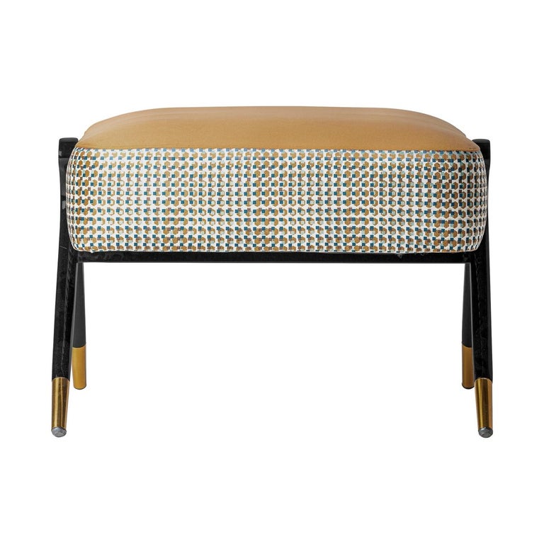 MCM and Vintage Style Black Lacquer Wooden and Velvet Ottoman or Stool ...