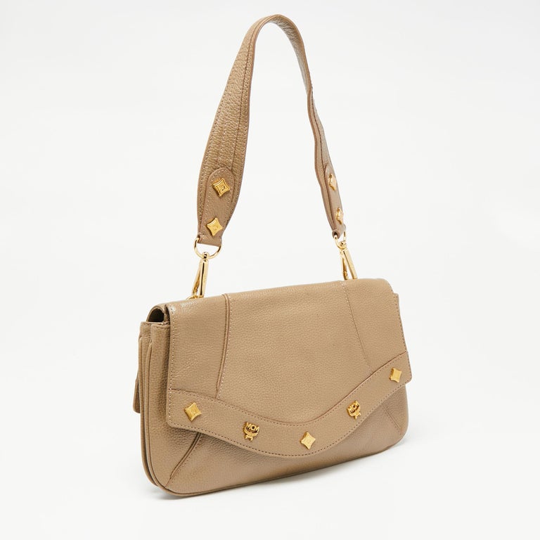 MCM Beige Leather Studded Flap Shoulder Bag For Sale at 1stDibs