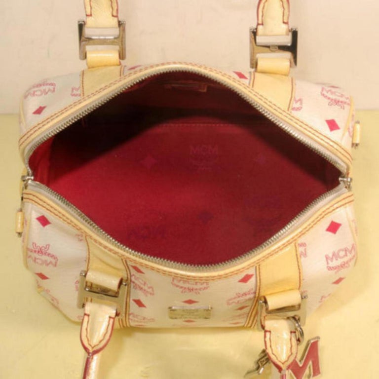 MCM Beige Visetos Boston with Charm 869704 White Coated Canvas Shoulder ...