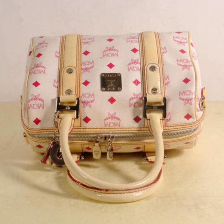 MCM Beige Visetos Boston with Charm 869704 White Coated Canvas Shoulder ...