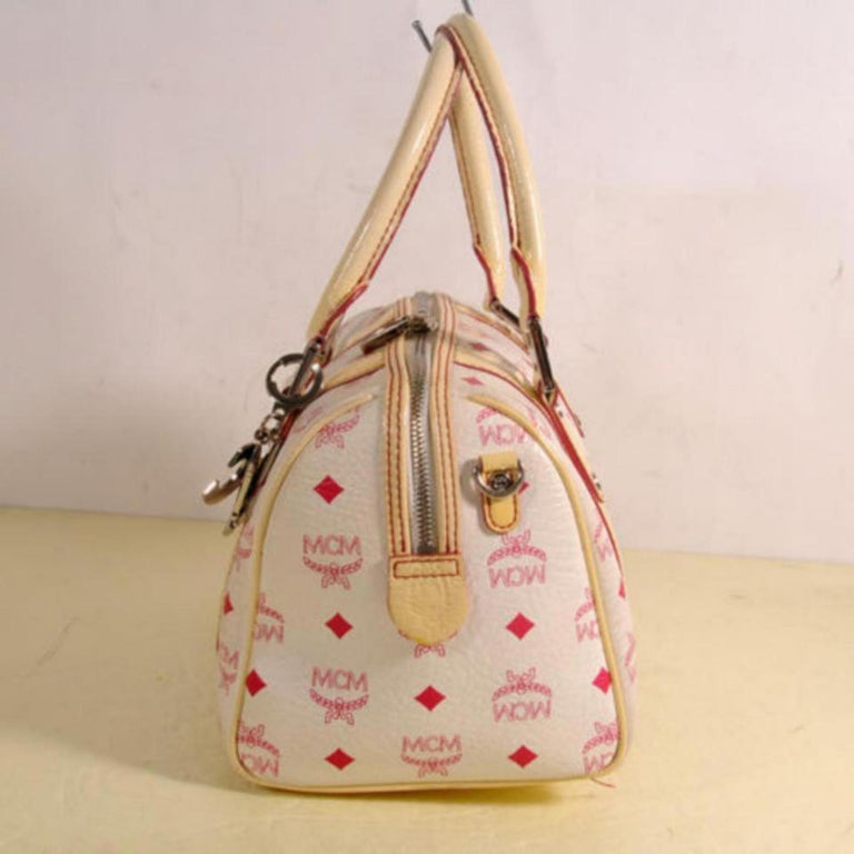 MCM Beige Visetos Boston with Charm 869704 White Coated Canvas Shoulder ...