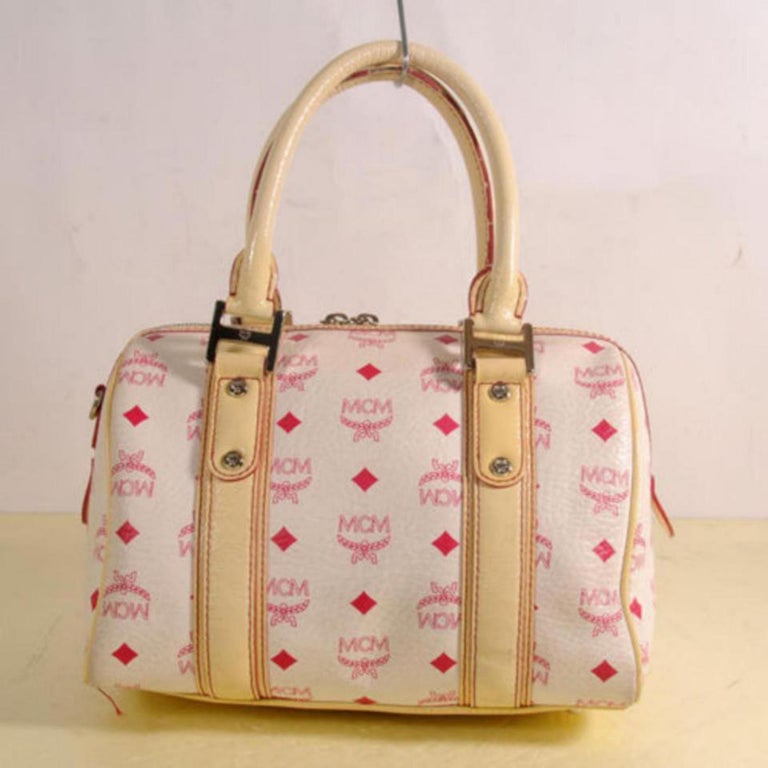 MCM Beige Visetos Boston with Charm 869704 White Coated Canvas Shoulder ...