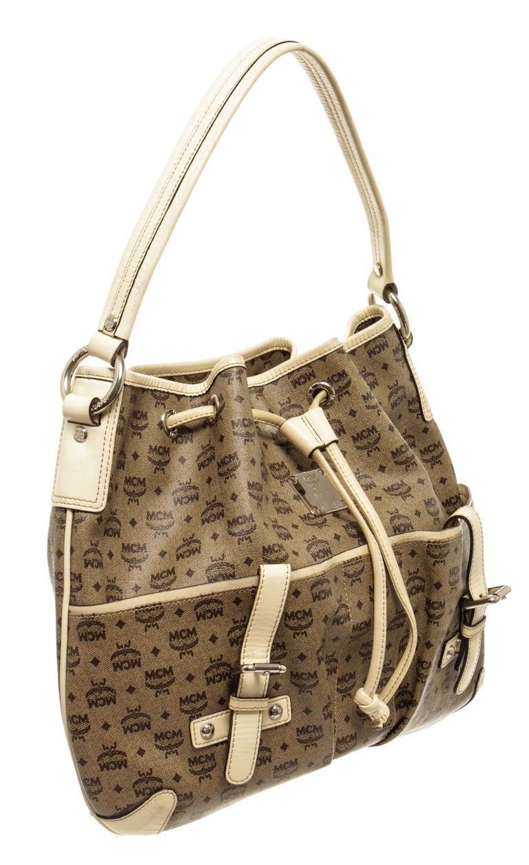 MCM Beige Visetos Canvas Leather Drawstring Shoulder Bag For Sale at ...