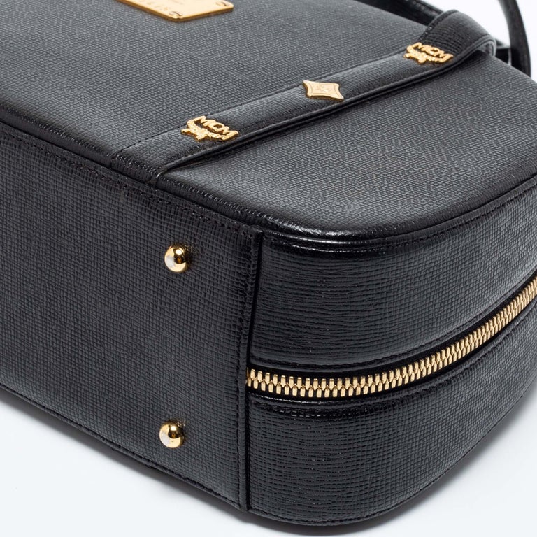 MCM Black Leather Motif Dome Satchel For Sale at 1stDibs